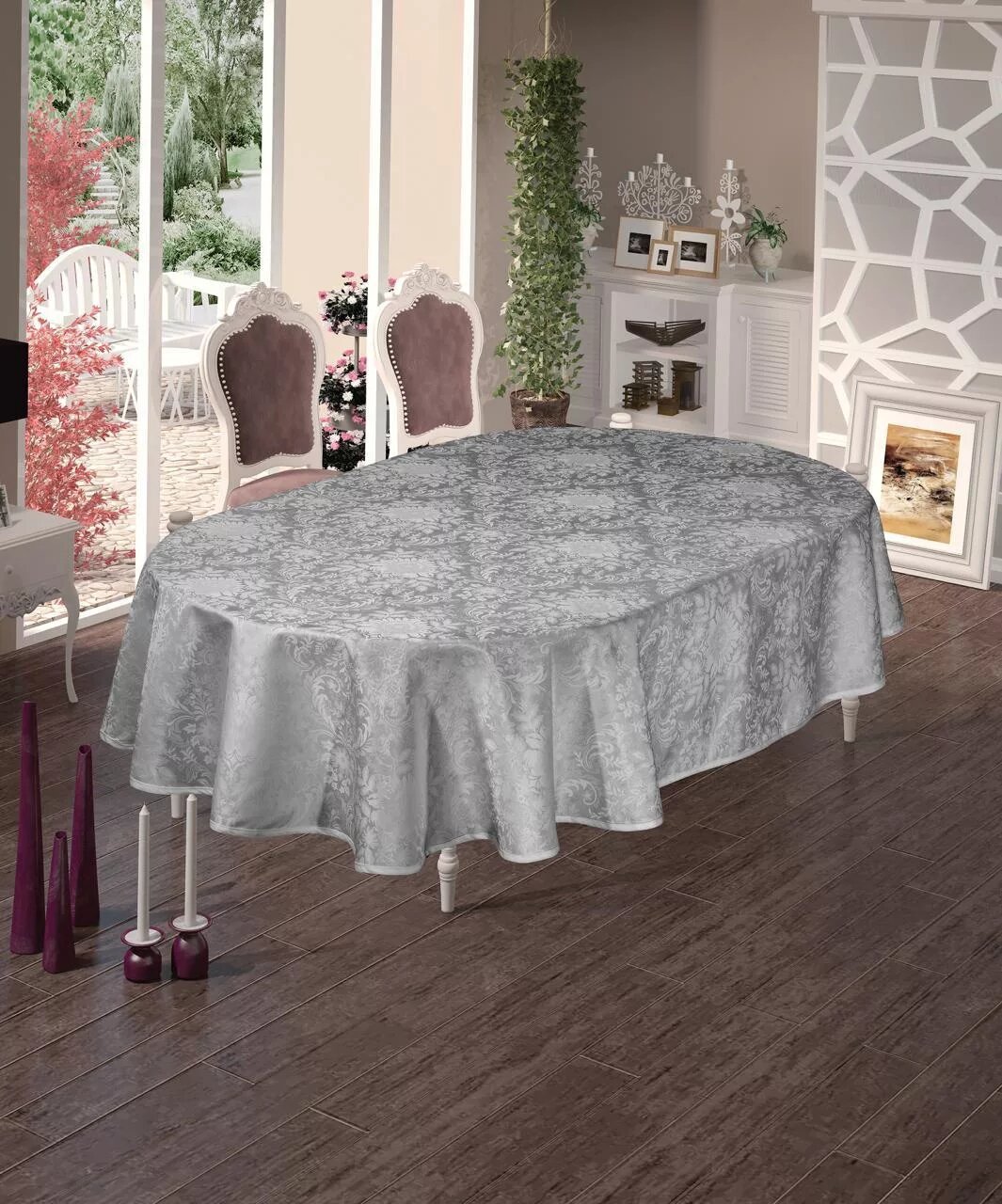 Скатерть овальная с жаккардом 12224 Begonya серый Doco (серый), Овальная скатерть 160x220