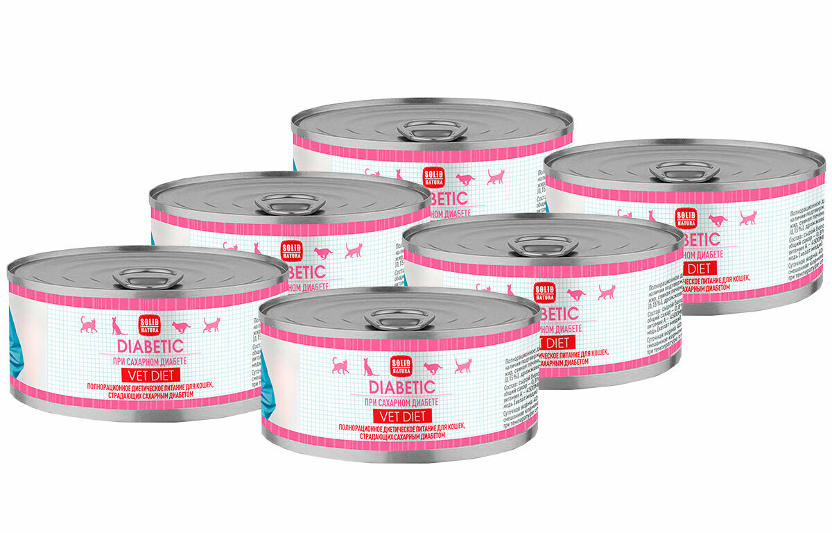 Корм влажный Solid Natura Vet Diet Diabetic для взрослых кошек при сахарном диабете, 100 гр х 6 шт