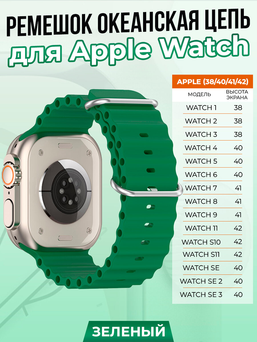 Ремешок океанская цепь для Apple Watch 1-9 / SE/SE 3 (38/40/41 мм), 11, S10/S11 42 мм, зеленый