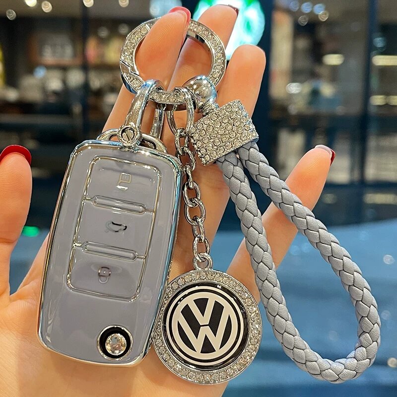 Серый чехол для ключа автомобиля с плетеной веревкой и автомобильной логотип-цепочкой для Volkswagen Sharan