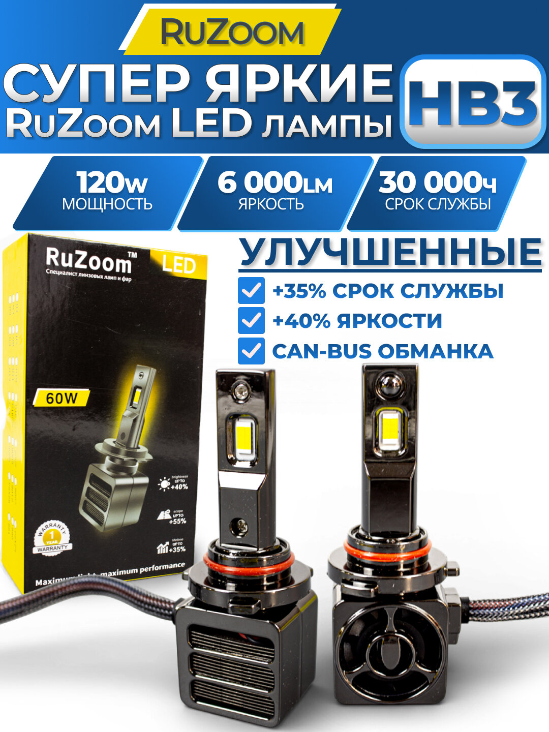 Светодиодные лампы LED 60W RuZoom с цоколем HB3, комплект 2 шт.
