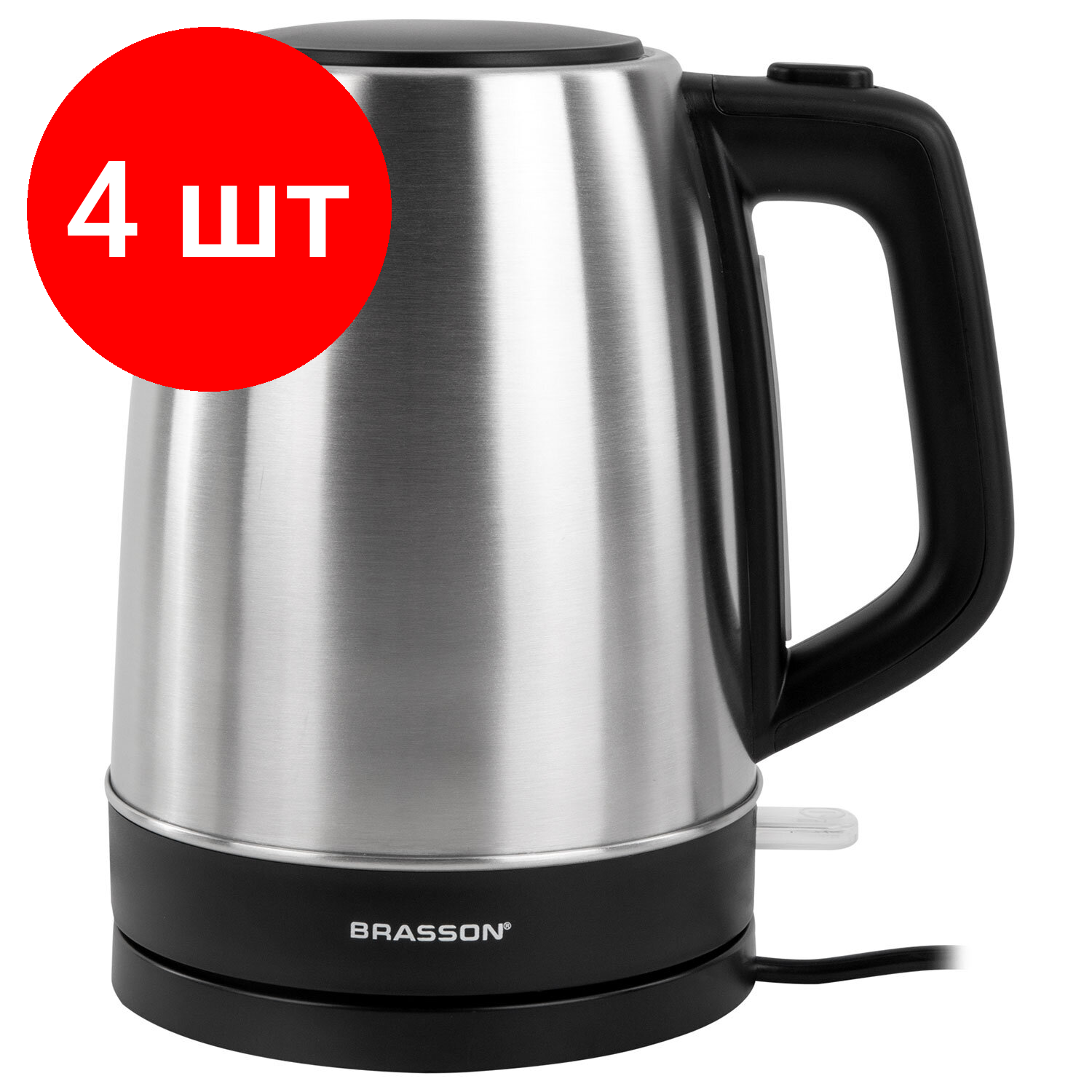 Комплект 4 шт, Чайник BRASSON (брассон) KT-040, 1.7 л, 2200 Вт, индикатор уровня воды, сталь, черный, 455192