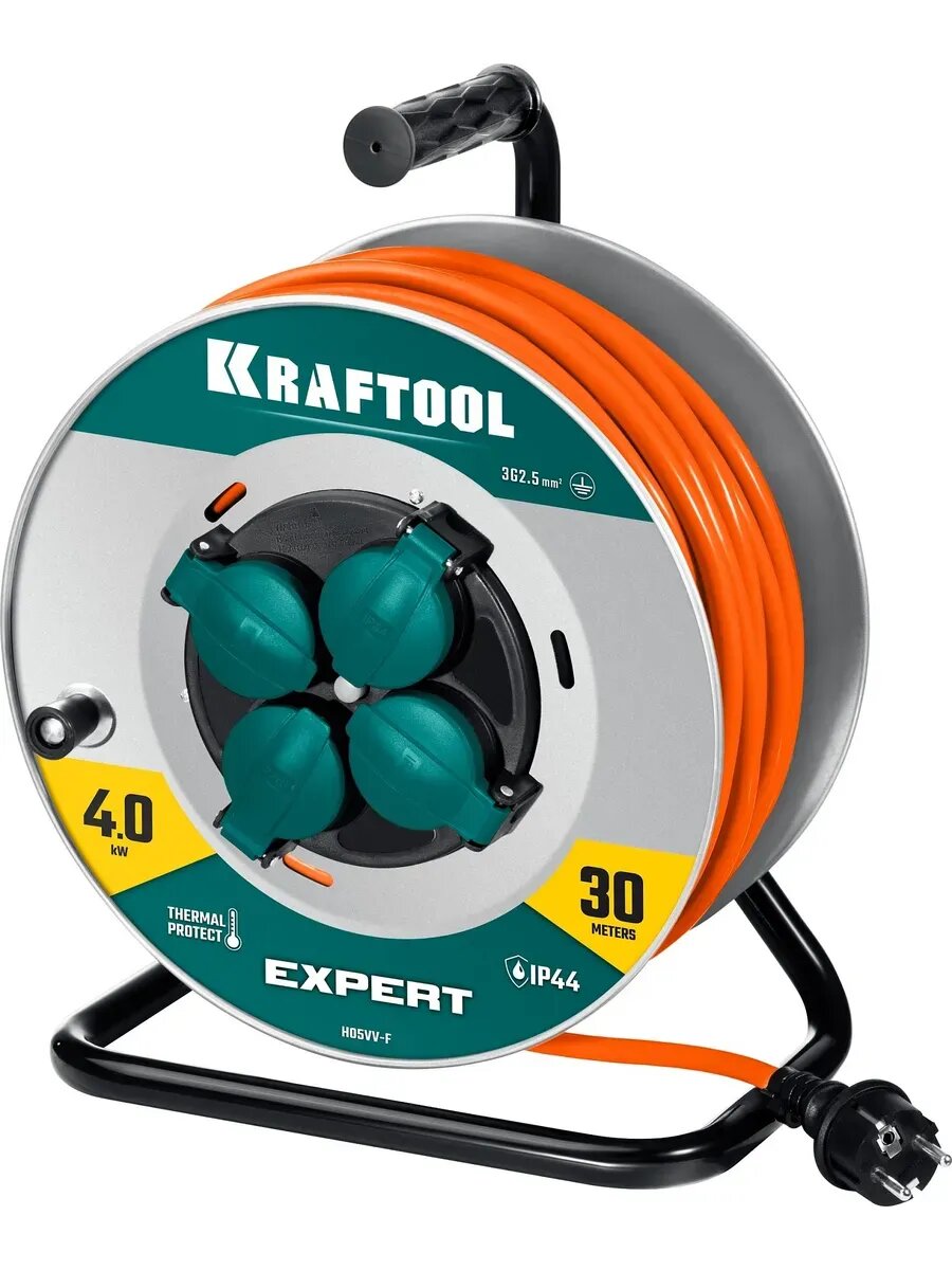 Силовой удлинитель на стальной катушке Kraftool EXPERT 55089-30, 30 м, 4 розетки