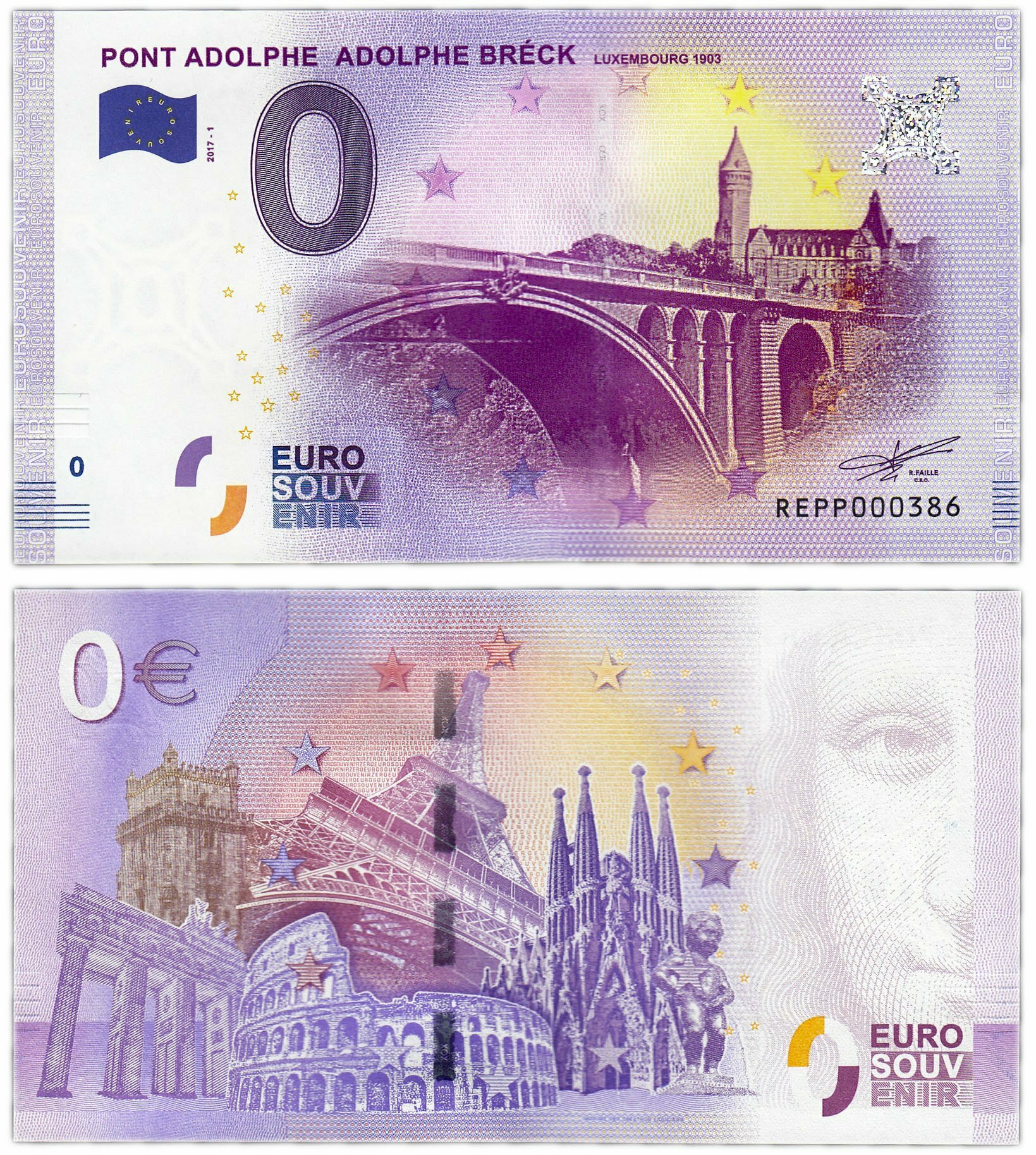 0 евро euro "Мост Адольфа Люксембург" 2017 1-серия RE PP-1