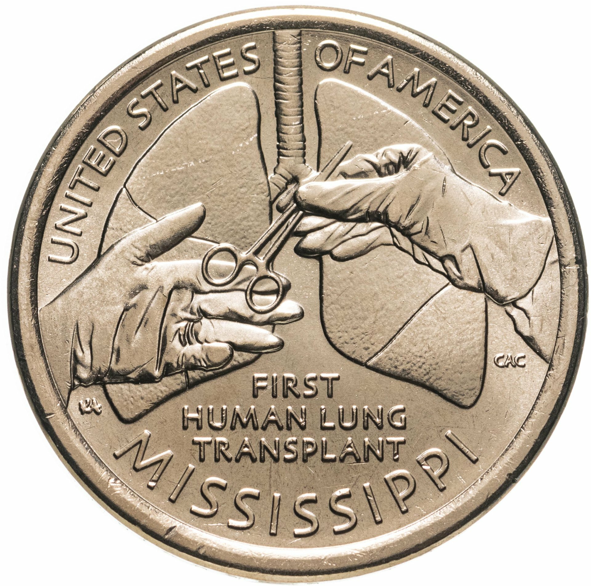 США 1 доллар 2023 P "Американские инновации - Первая трансплантация легких человеку Миссисипи", Медь с марганцево-латунным покрытием, в сохранности UNC