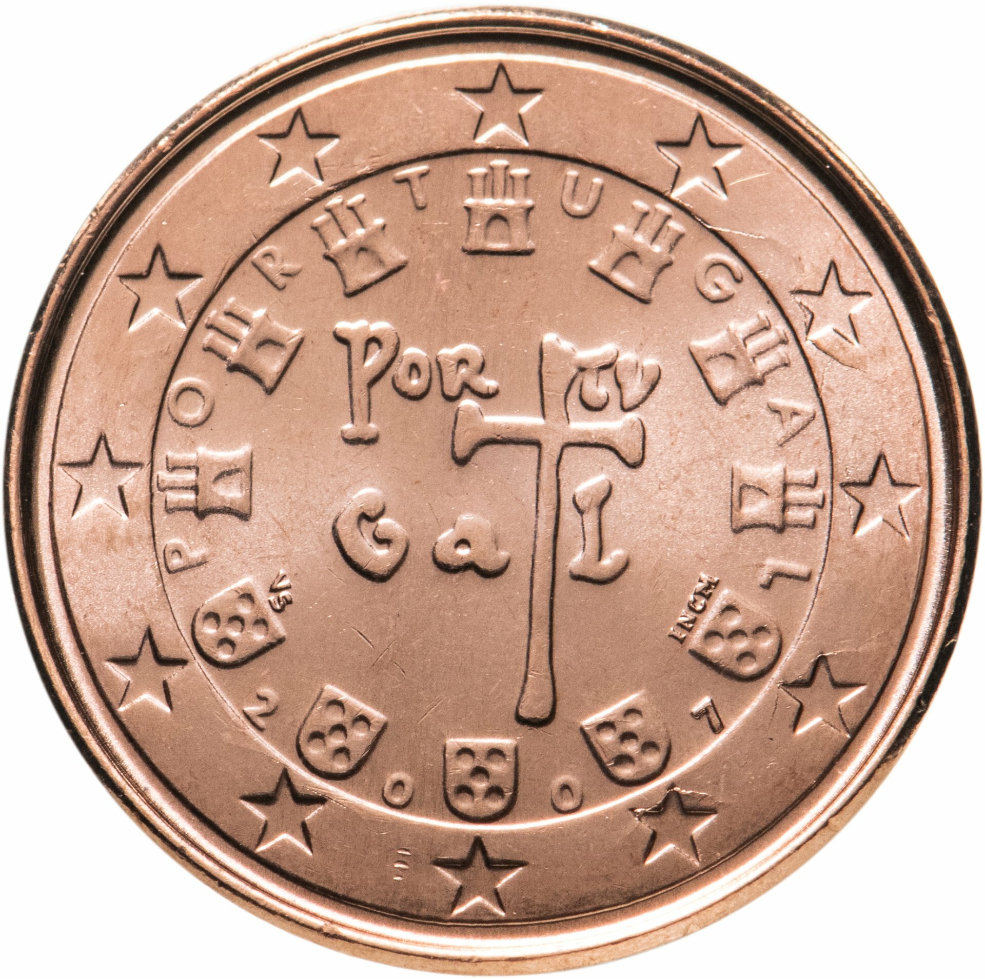 Португалия 1 евро цент cent 2007, Сталь, в сохранности UNC