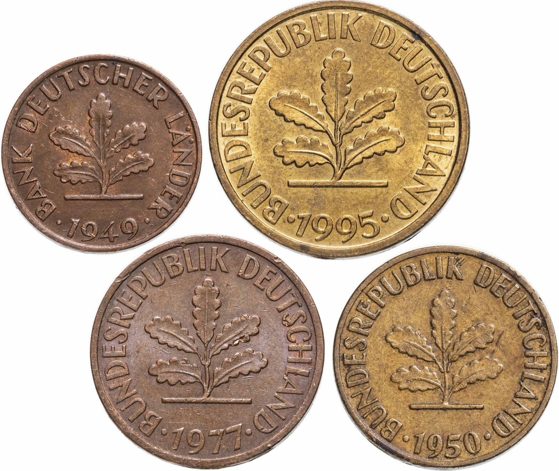Германия, ФРГ набор из 4 монет 1, 2, 5 и 10 пфеннигов 1948-2001, Сталь, в сохранности VF-AU