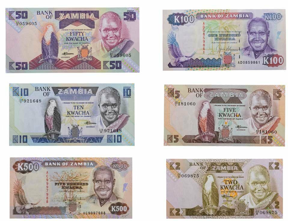 Замбия набор из 6 банкнот 2, 5, 10, 50, 100, 500 квача 1980-1988