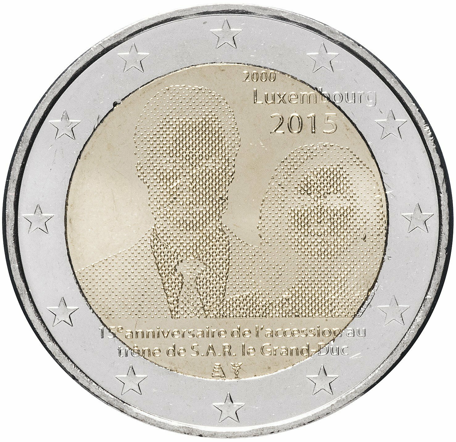 Люксембург 2 евро 2015 "15-летие вступления на престол великого герцога Анри", Биметалл, в сохранности UNC