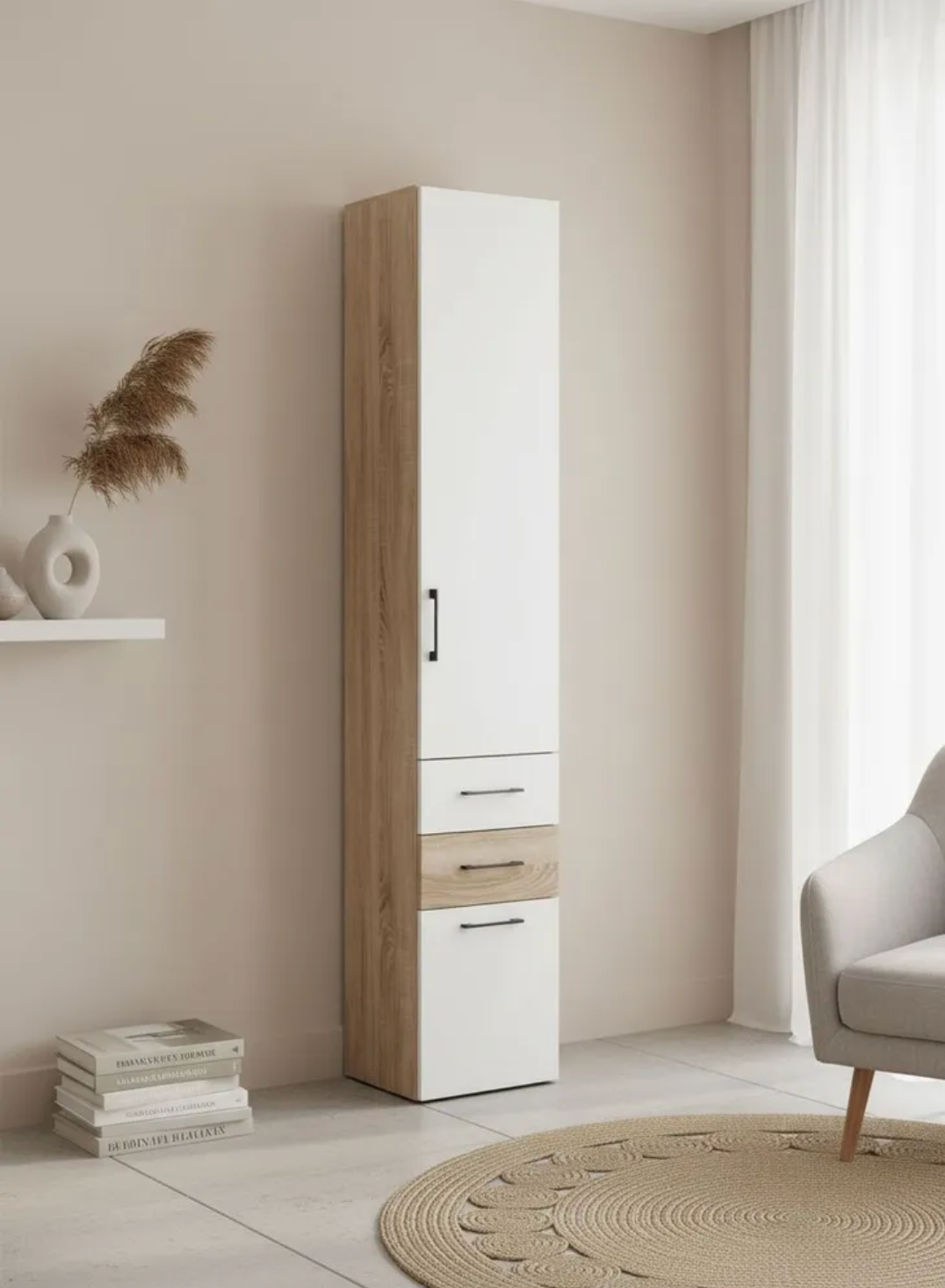 Шкаф пенал с пуфиком Денвер 40 см дуб сонома/белый (400х2150х380 мм)