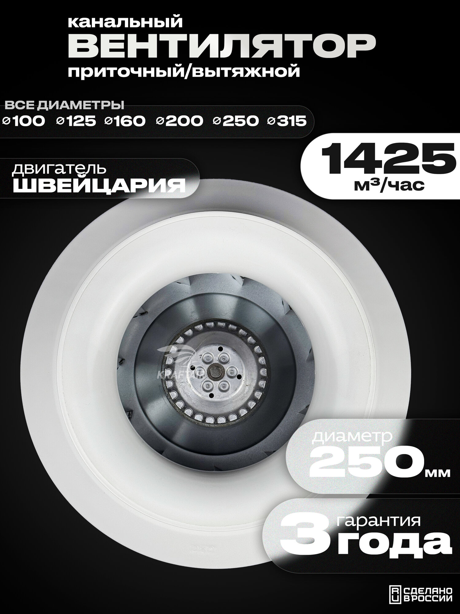Вентилятор канальный круглый ВКК-250 E, 220В, 1425 м3/час, 172 Вт, для воздуховодов 250 мм, вытяжной или приточный