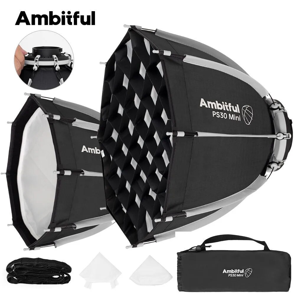 AMBITFUL 30cm PS30 Mini Bowens Mount Mini Softbox Портативный восьмиугольный зонтик Софтбокс + Сотовая Для NANLITE Forza 60, YONGNUO YN150, IFOOTAGE 60/130