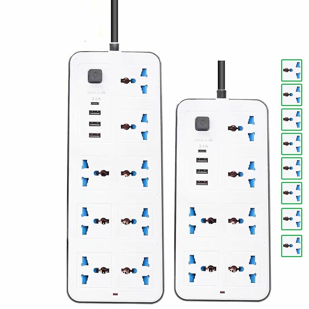 Универсальный сетевой фильтр с 4-6-8 розетками, подходит для ЕС, Великобритании, США, Австралии и Кореи, мощность 2500 Вт, с удлинительным кабелем USB Type-C, 5 В, 2,1 А, розетка переменного тока.