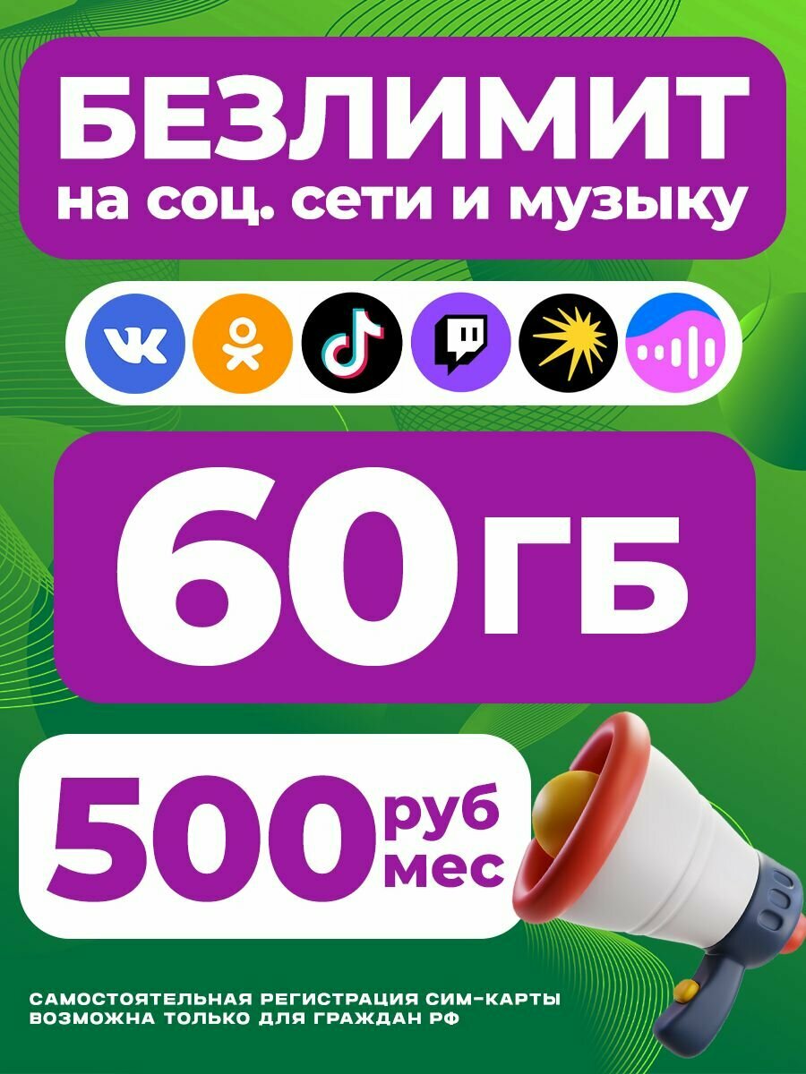 МегаФон Сим-карта для интернета 60ГБ. Sim-карта Вся Россия. Идеально для роутера, модема.