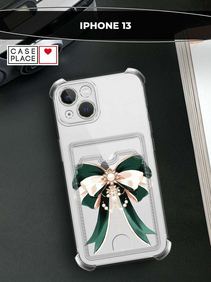 Чехол на Apple iPhone 13 (Айфон 13) с картой и принтом Зеленый бант