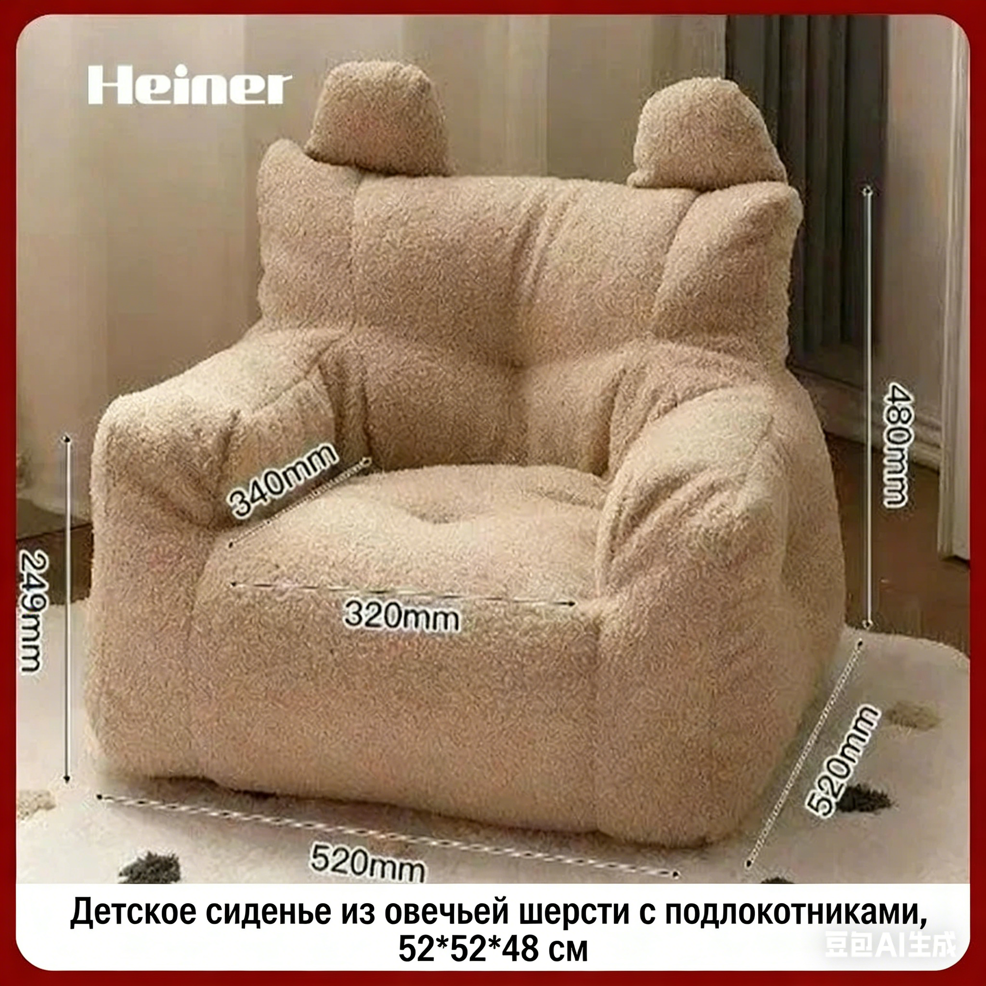 Детское сиденье из овечьей шерсти с подлокотниками, 52*52*48 см, коричневое