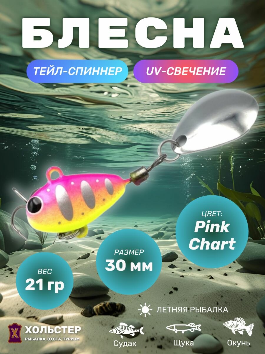 Блесна вертушка тейл-спиннер HURRICANE 21 гр, 30 мм, расцветка Pink Chart UV / Блесна Хурикан на окуня, на жереха, на щуку тейлспиннер