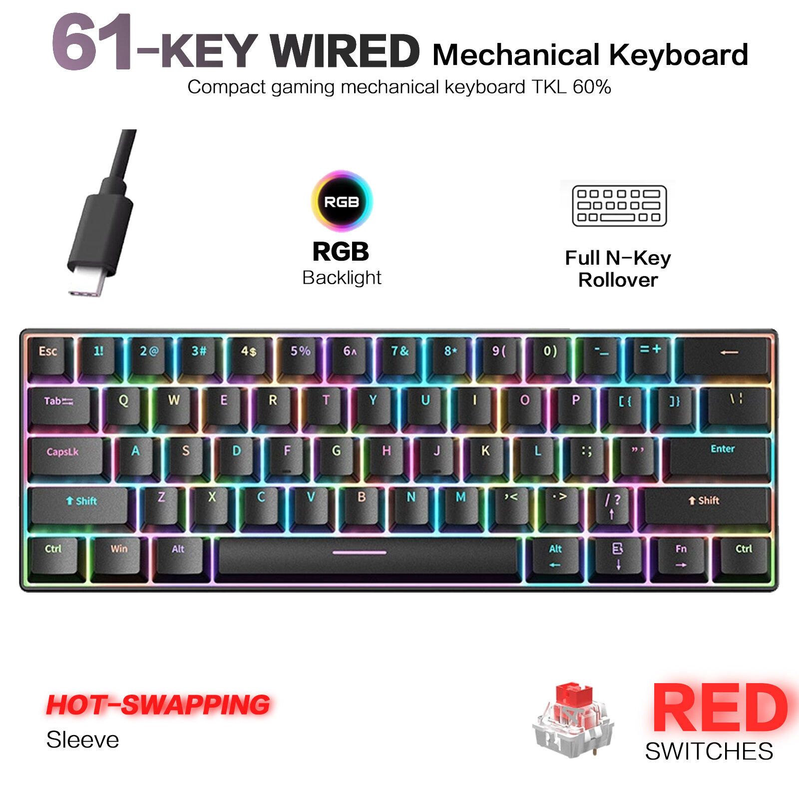 Механическая игровая клавиатура на 61 клавиш, проводная, с RGB-подсветкой, переключатели Red, настраиваемая