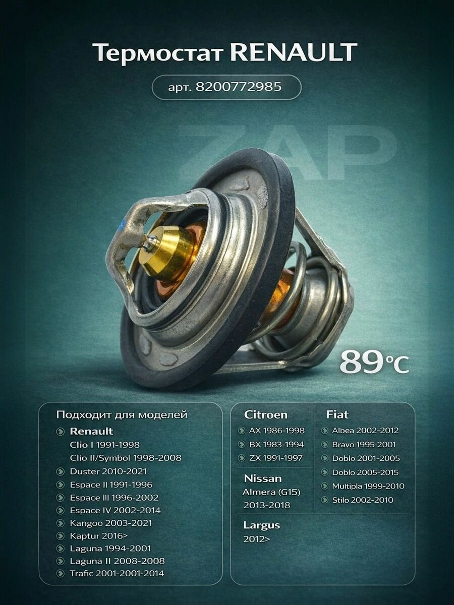 Термостат автомобильный RENAULT для Citroen, Fiat, Renault Logan, Megane, Duster, Sandero, Nissan Almera IV (G15) Арт.8200772985