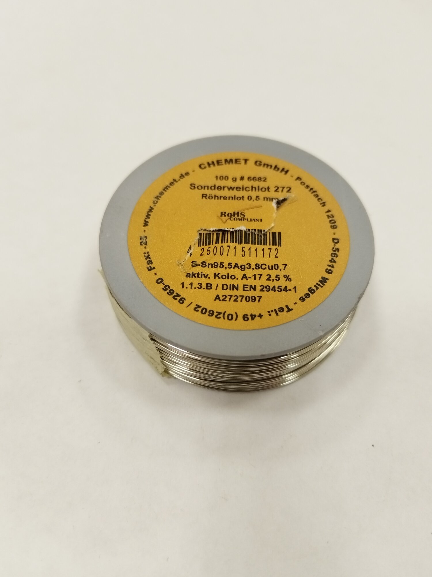 Припой Chemet мягкий 272 с флюсом A-17 -2,5%, диаметр 0,5 мм, на катушке по 100 г, S-Sn95,5Ag3.8Cu0.7, A2727097