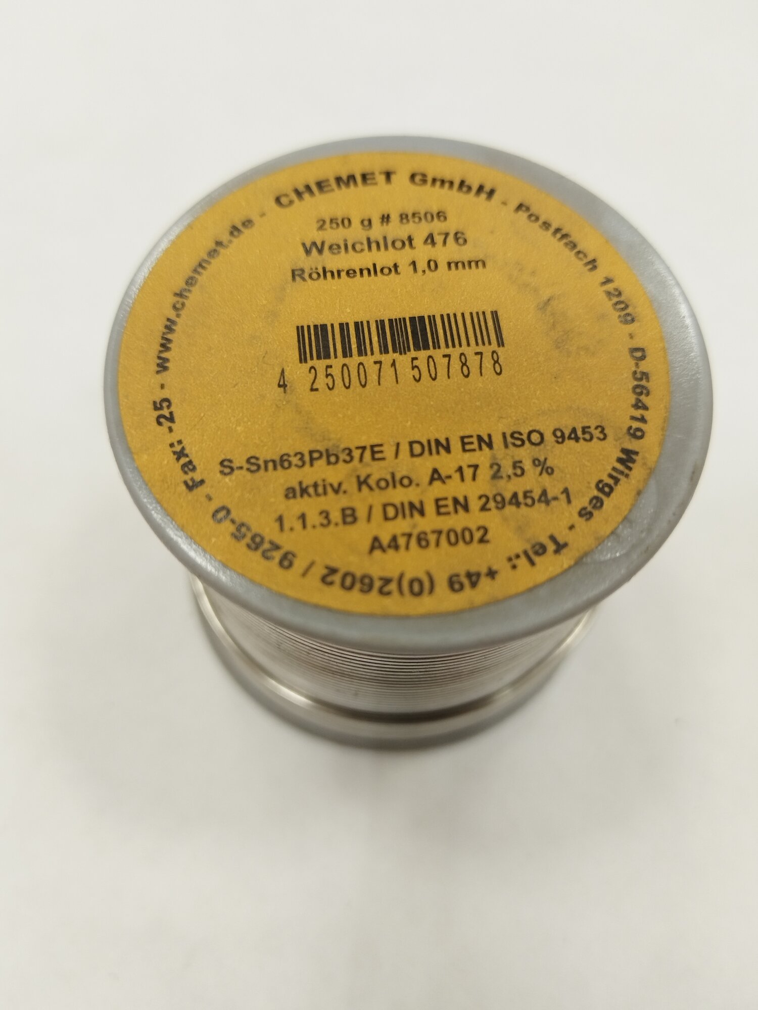 Припой Chemet мягкий 476, с флюсом A-17, диаметр 1 мм, на катушках по 250 г, S-Sn63Pb37E, A4767002