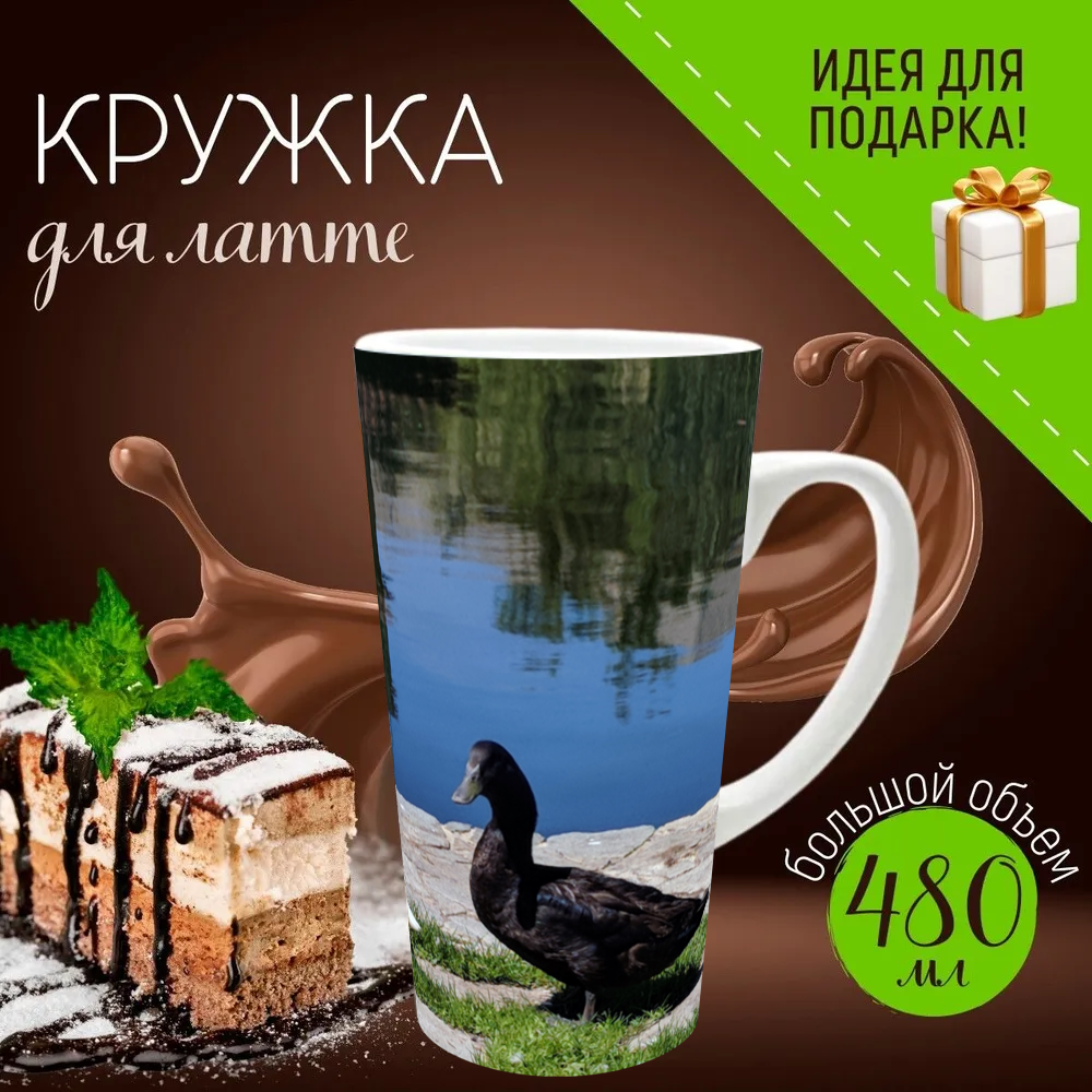 Кружка латте керамическая большая для чая и кофе с прикольным принтом "Черные и белые утки черно-белые утки вдоль воды freeimage, publicdomain, CC птица птицы дикая." 500 мл.