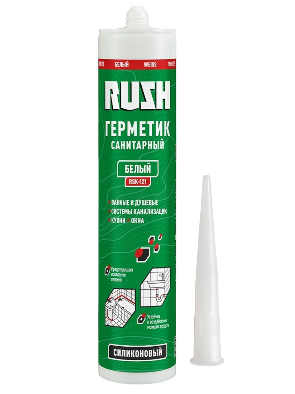 Герметик силиконовый, санитарный, 230 мл, белый, KUDO, RUSH, RSK-121
