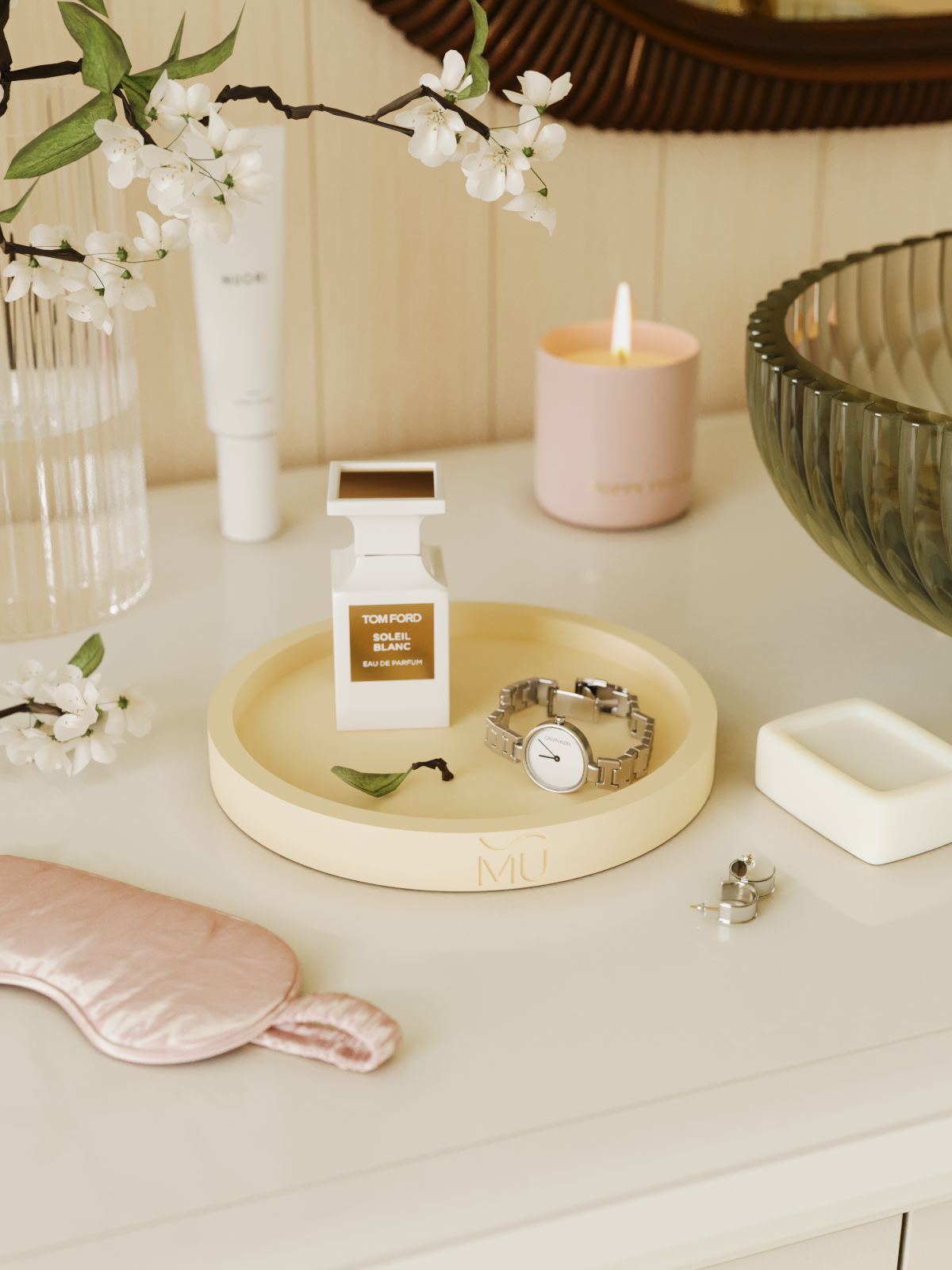 Декоративный поднос для украшений, органайзер для мелочей и косметики Lora L, 20x20 см, бетон, кремовый глянцевый