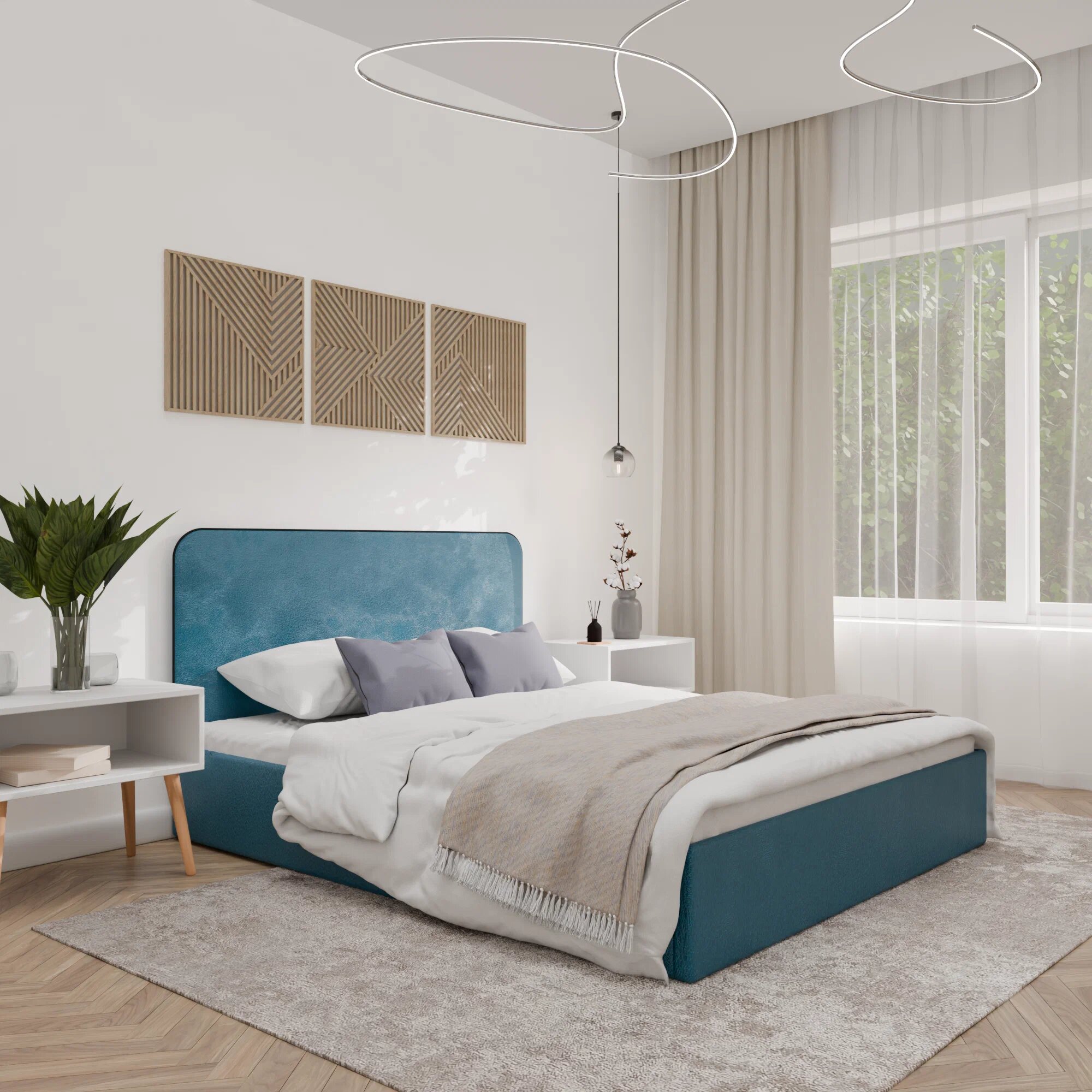 Кровать Абстракт Элит с настилом, 160х190, без ножек, синий, с черным кантом