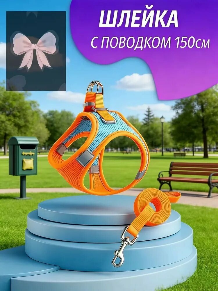 Шлейка для собак и кошек с поводком 1.5м, дышащая шлейка со светоотражающими элементами для собак мелких, средних пород и кошек