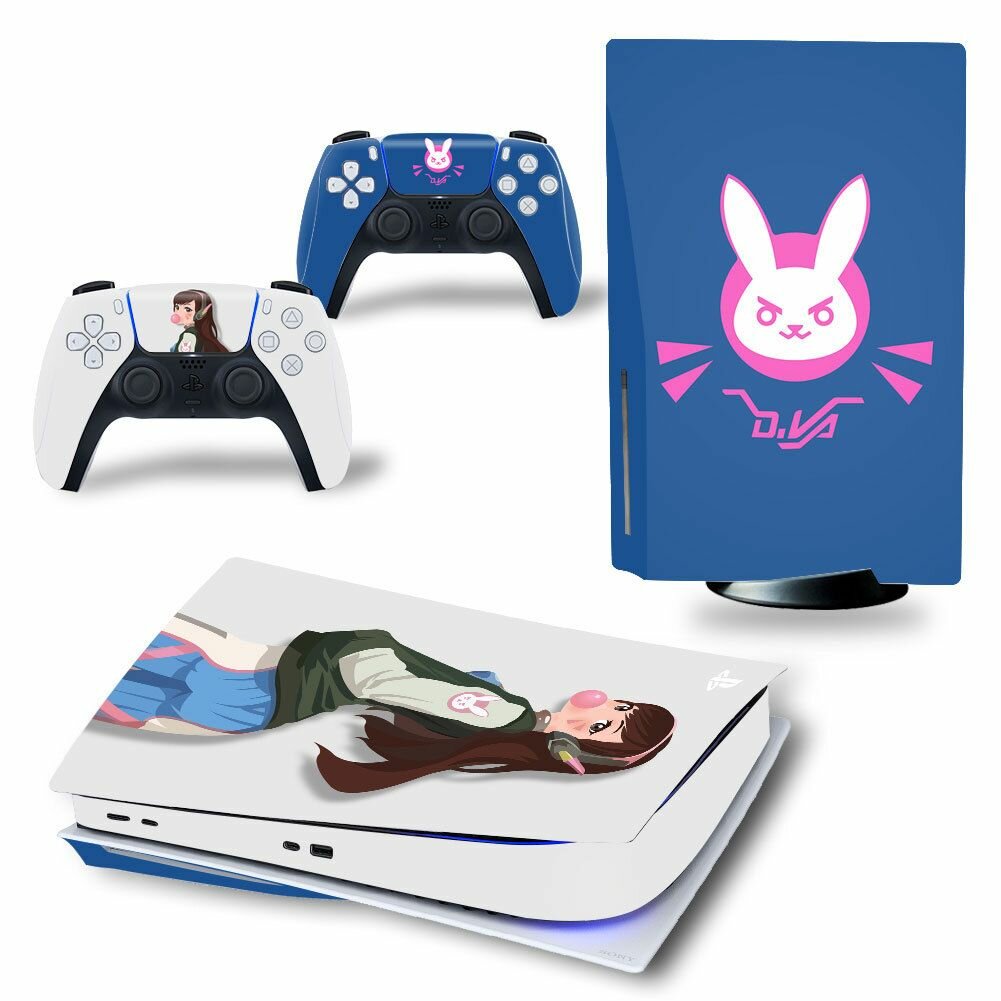 Наклейка виниловая защитная на игровую консоль Sony PlayStation 5 Fat Disc Edition, Овервотч Dva-2, полный комплект с геймпадами