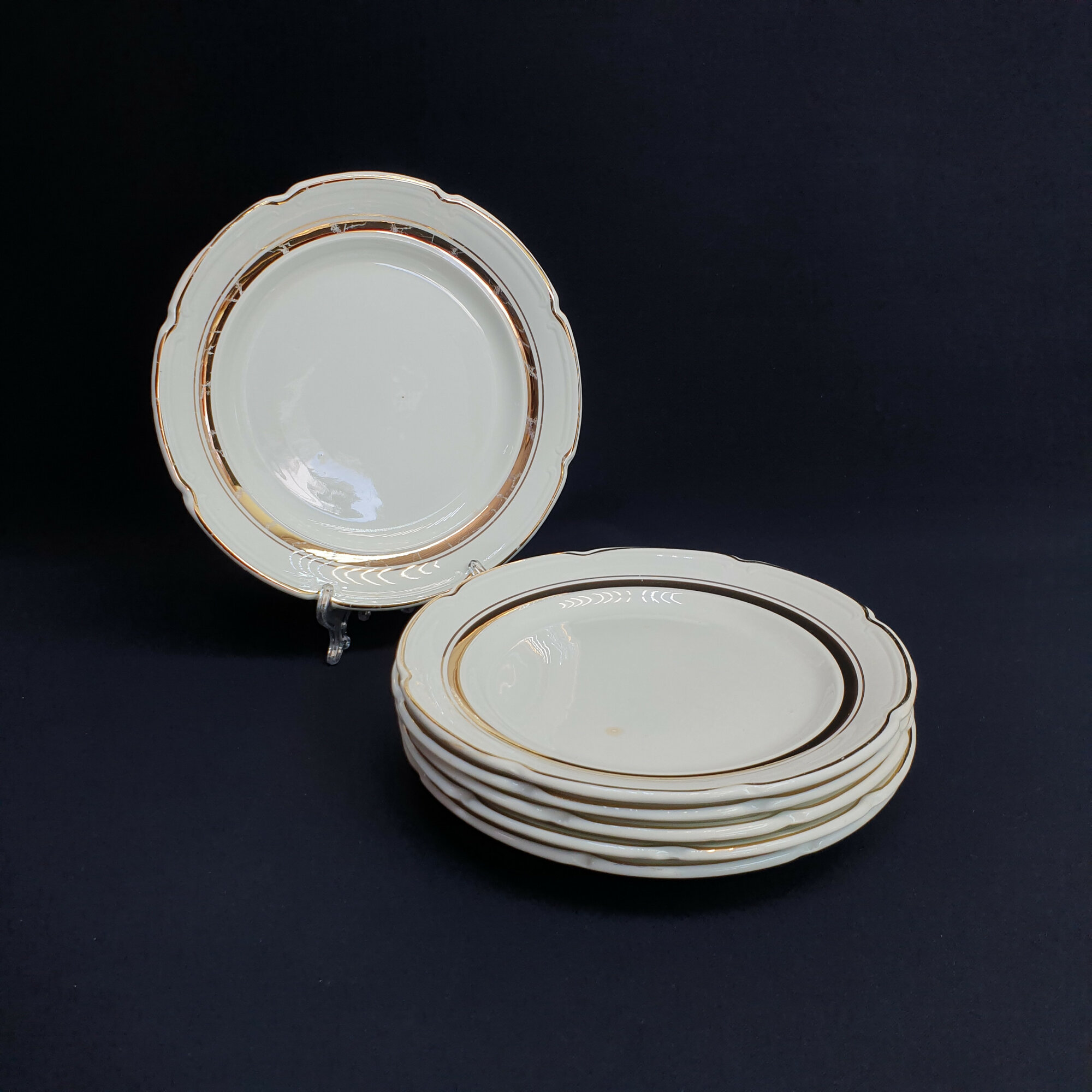 Набор из 6 десертных тарелок Конаково, фаянс золочение 20 см, винтаж СССР