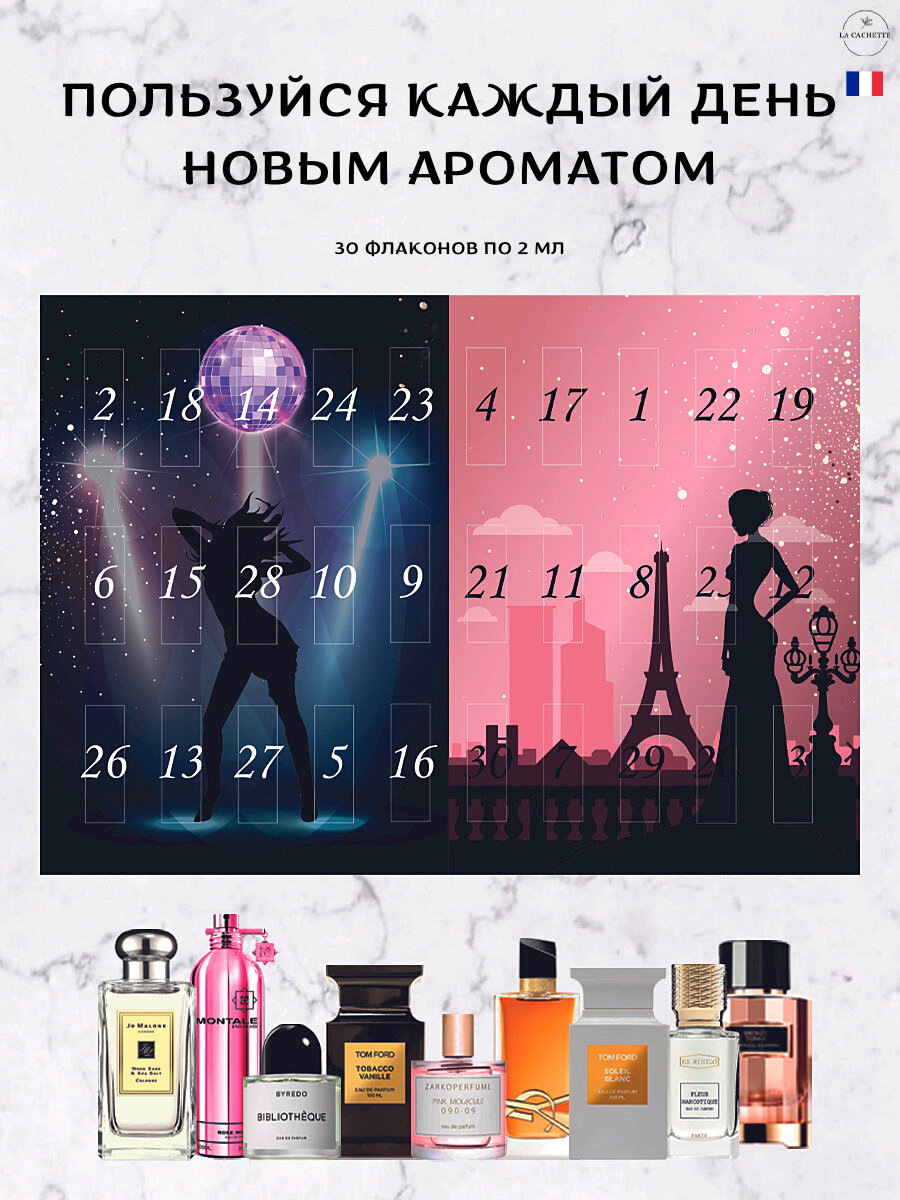 Адвент календарь с духами для девушки 30 ароматов по 2 мл День и Ночь