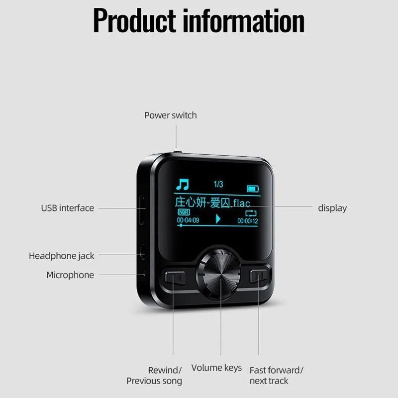 MP3-плеер 8 ГБ, черный с Bluetooth, FM тюнер, micro SD, FLAC — фото 1