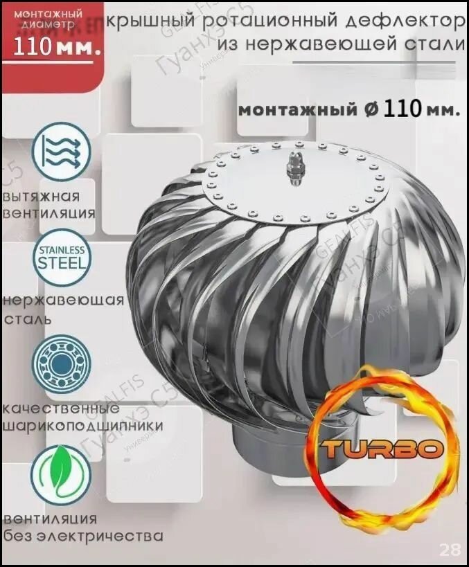 Эксклюзивный турбо дефлектор из нержавеющей стали 110 мм для вентиляционных труб