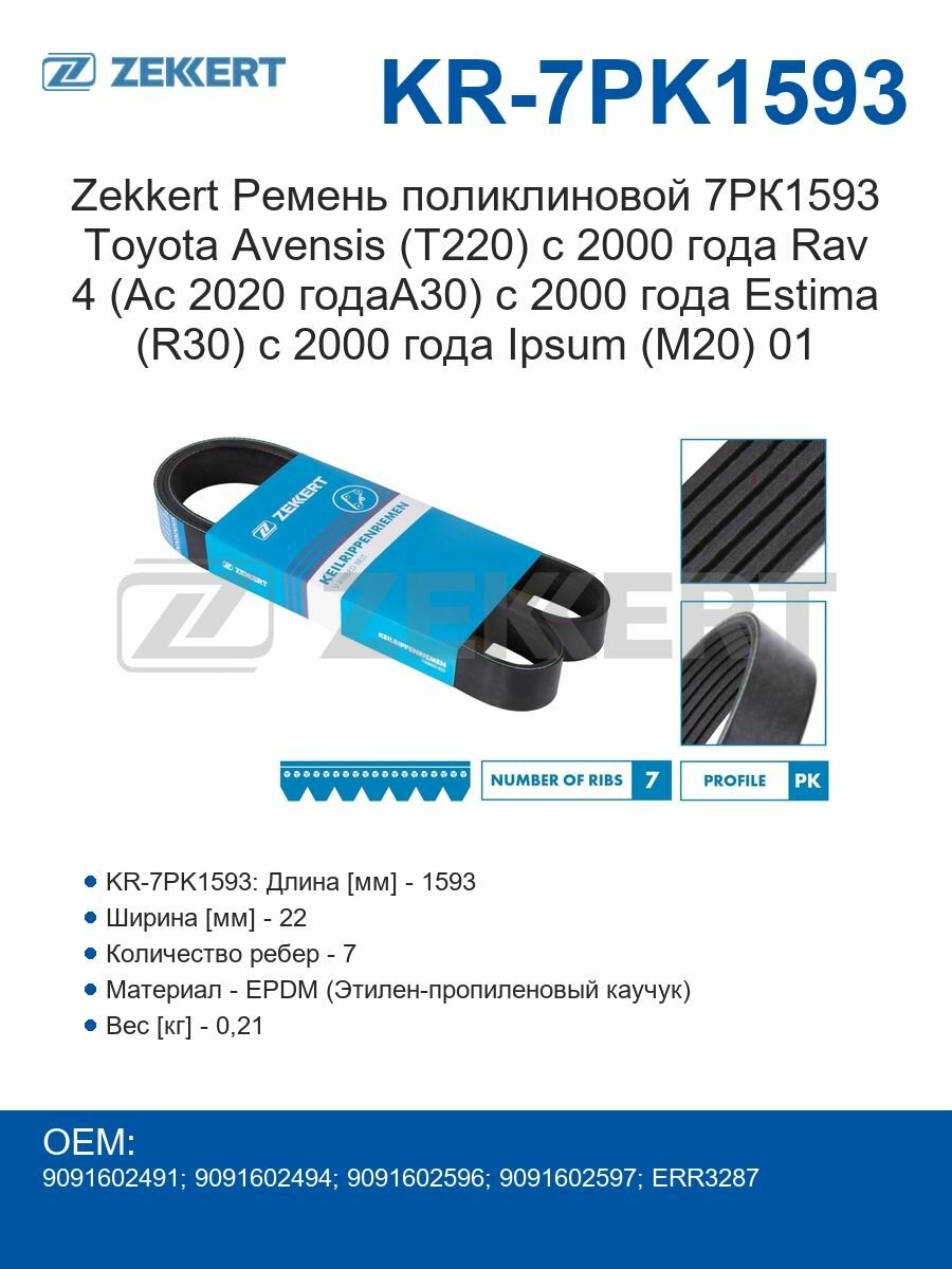 Zekkert Ремень поликлиновой 7РК1593 Toyota Avensis (T220) с 2000 года Rav 4 (Aс 2020 годаA30) с 2000 года Estima (R30) с 2000 года Ipsum (M20) 01