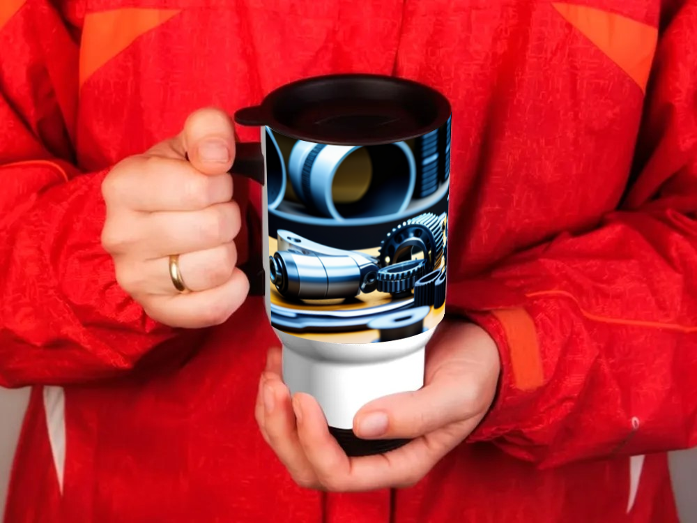 Тремокружка для авто с принтом "Запчасти для мотоцикла на столе в сервисе" 0.5 л.