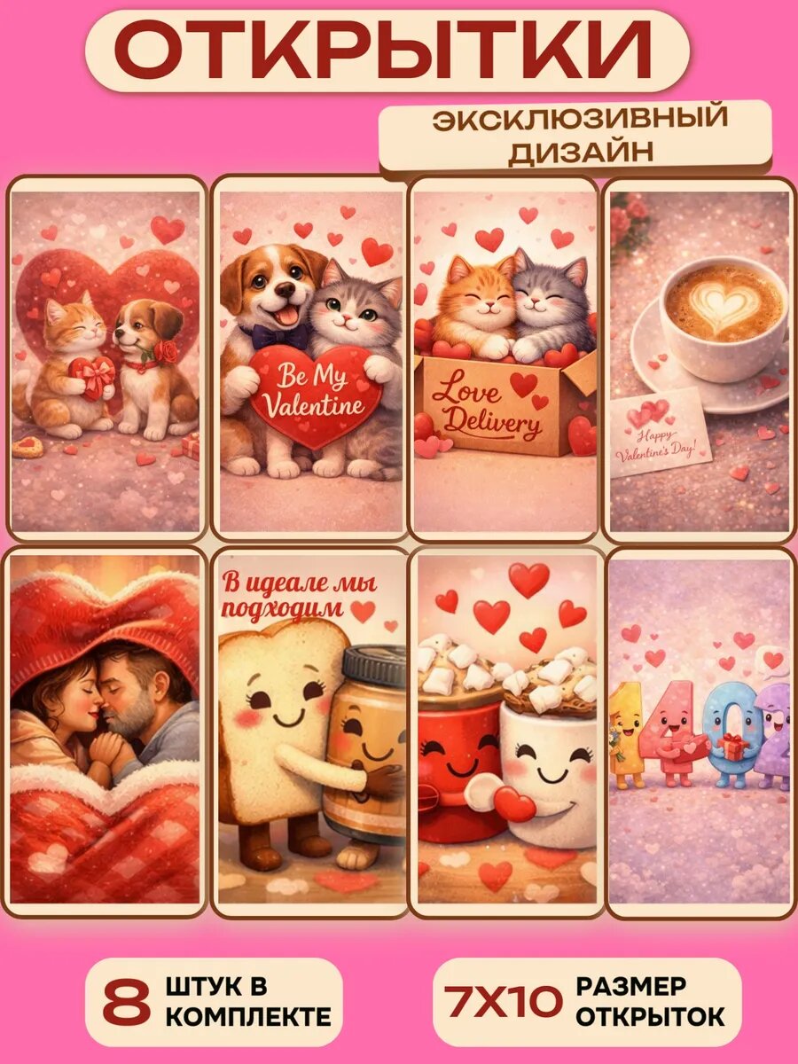 Открытки с Днем святого Валентина, влюбленных 7х10 см