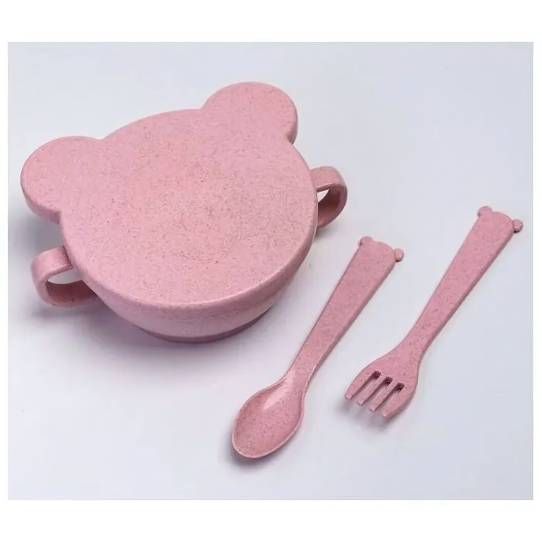 Набор посуды детский Bear ЭКО: миска с крышкой, ложка и вилка, розовый