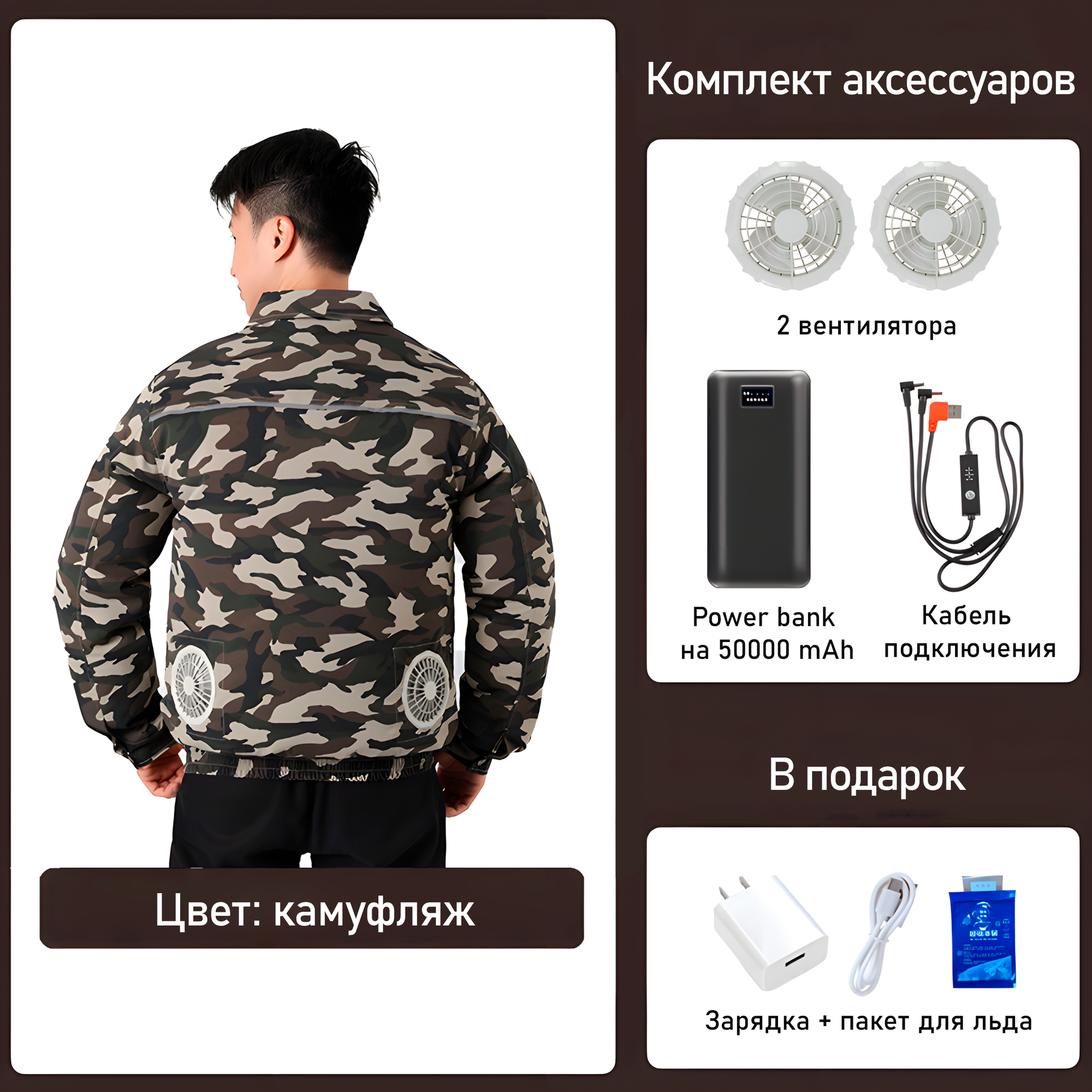 Рабочая куртка с комплектом вентиляторов и льдом, камуфляж, S