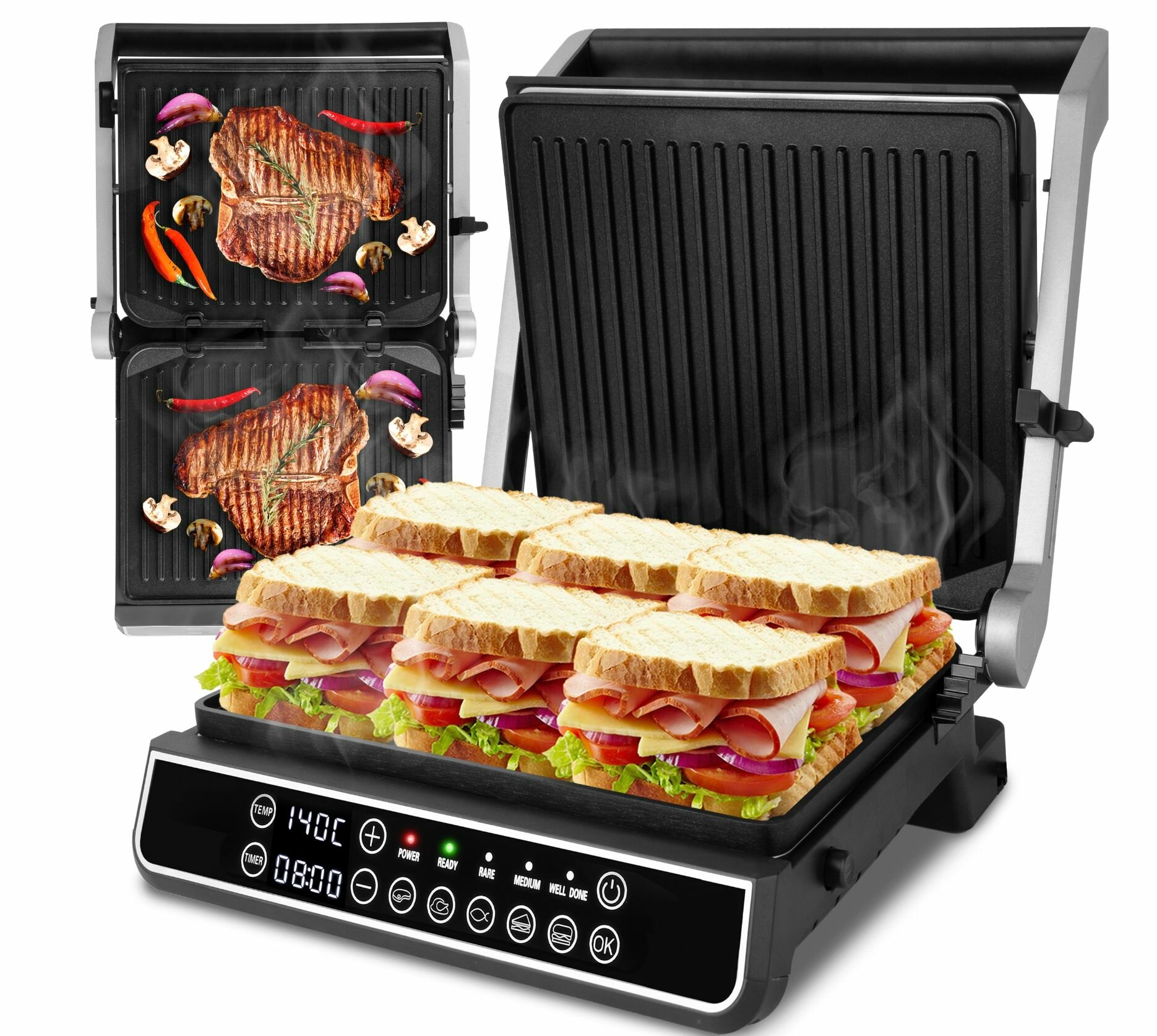Электрический гриль-тостер для сэндвичей Maltec, складной, 2500 Вт, с дисплеем