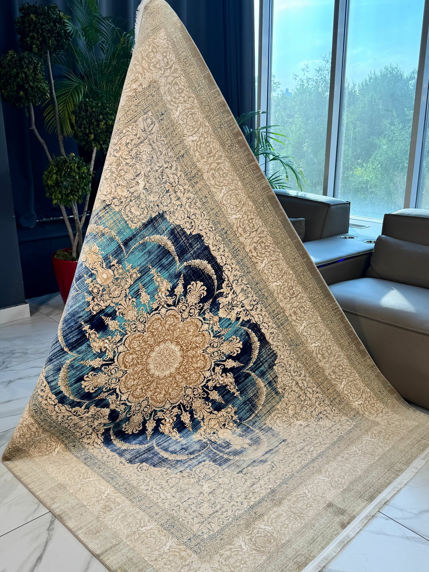 Ковер прямоугольный высокоплотный натуральный PREMIUM-коллекции иранский дизайнерский 1,5 х 2,25 м, шёлк и хлопок, шёлковый блеск, размер 150 на 225 см высокого качества