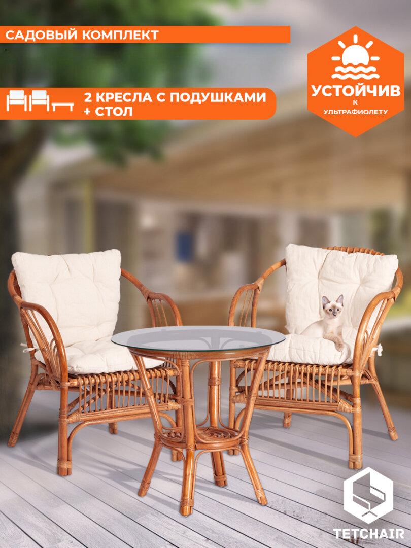Набор садовой мебели из ротанга TetChair, 2 кресла и стол с подушками, цвет коричневый кокос