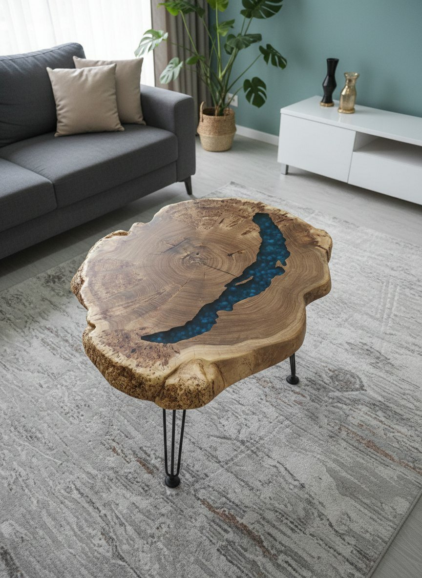 Журнальный столик в стиле лофт их массива дерева с эпоксидной смолой