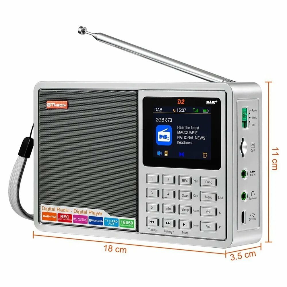 GTMEDIA D2 Портативное Радио FM/DAB+ Цифровое Радио, 2,4-Дюймовый ЖК-Дисплей