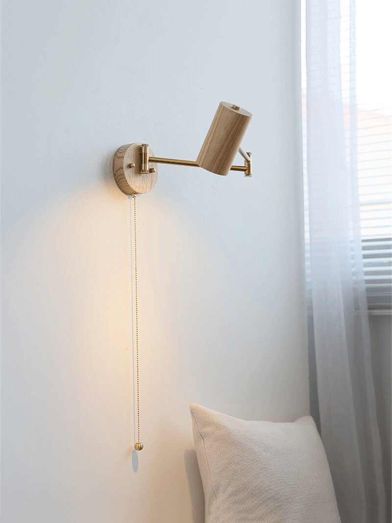 Регулируемое деревянное бра с выключателем на цепочке для прикроватного освещения спальни и гостиной, скандинавский настенный светильник