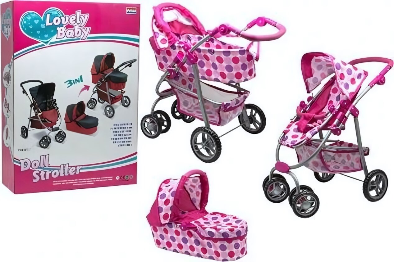 Коляска для кукол '3 в 1', розовая, ткань/металл, с корзиной и ремнями