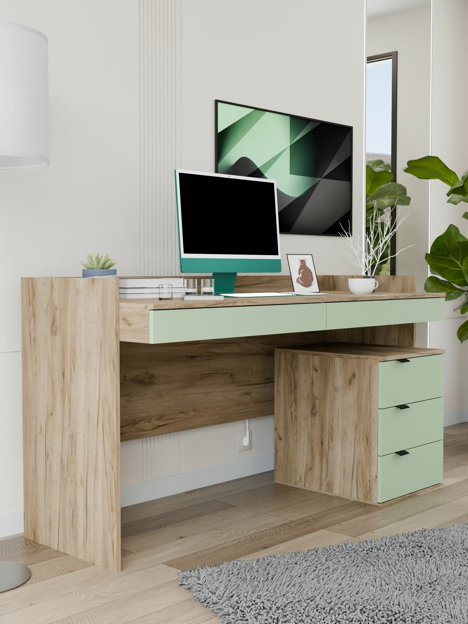 Изумлит Стол компьютерный для офиса и дома Бастион 160х87х64.5 см, корпус+столешница-дуб крафт серый/фасад-мятный