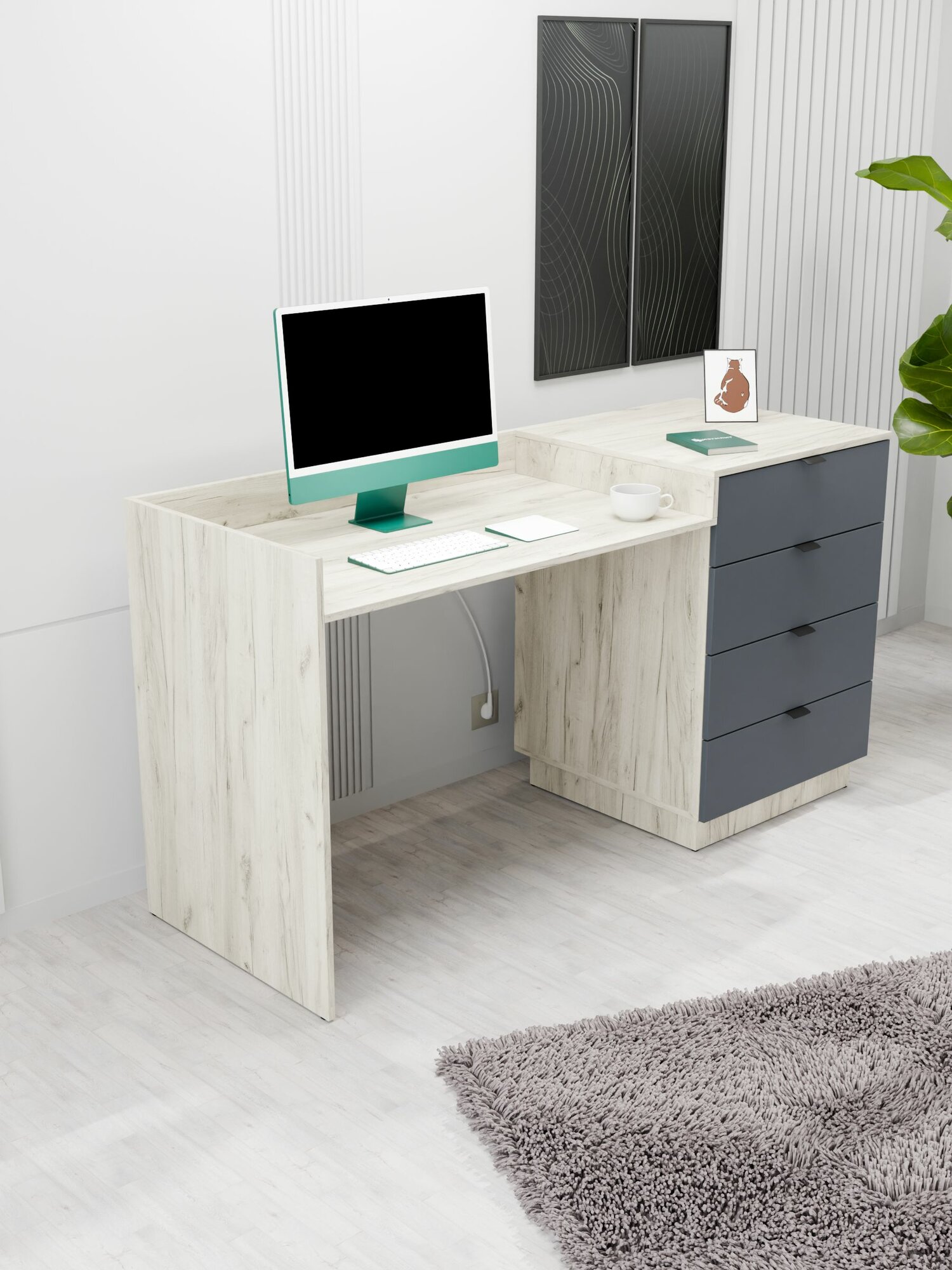 Изумлит Стол письменный для офиса и дома Бридж 163.2х86.6х60 см, дуб крафт белый - графит