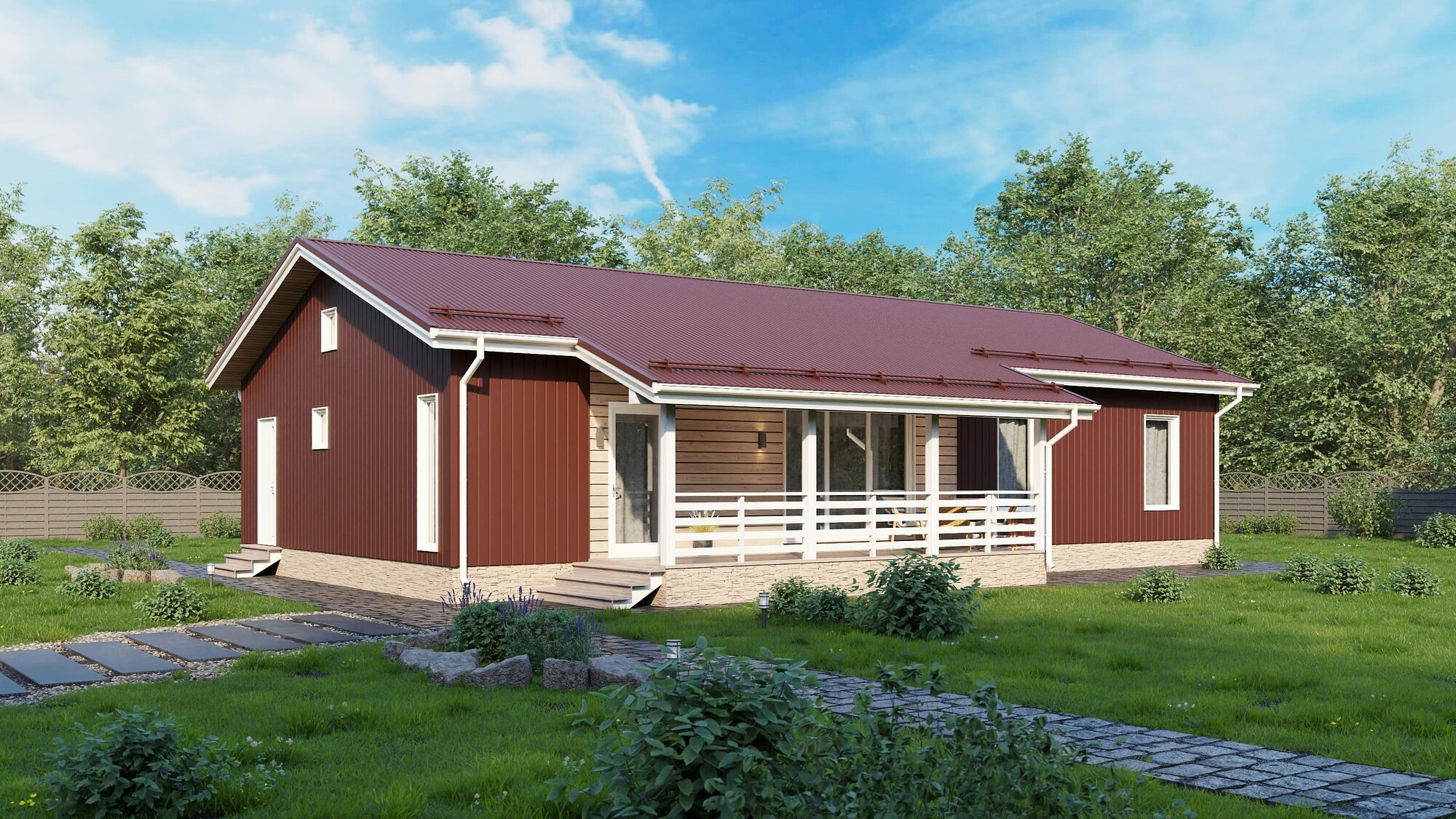 Проект дома ПСК-298 "Кондалакша" 167,62 м кв. м, 1 этаж, 5 комнат (4 спальни + кухня-гостиная).